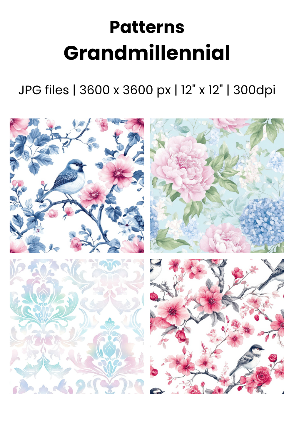 Grandmillennial Patterns Floral, Watercolor Pastel Textures