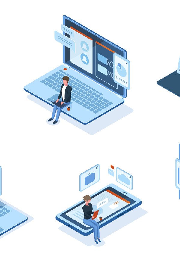 Isometric characters use technology gadgets interfaces. Peop