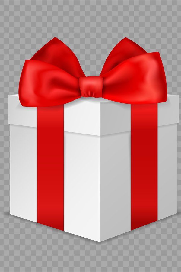 White gift box with red bow. Realistic wrapped present. 3D c