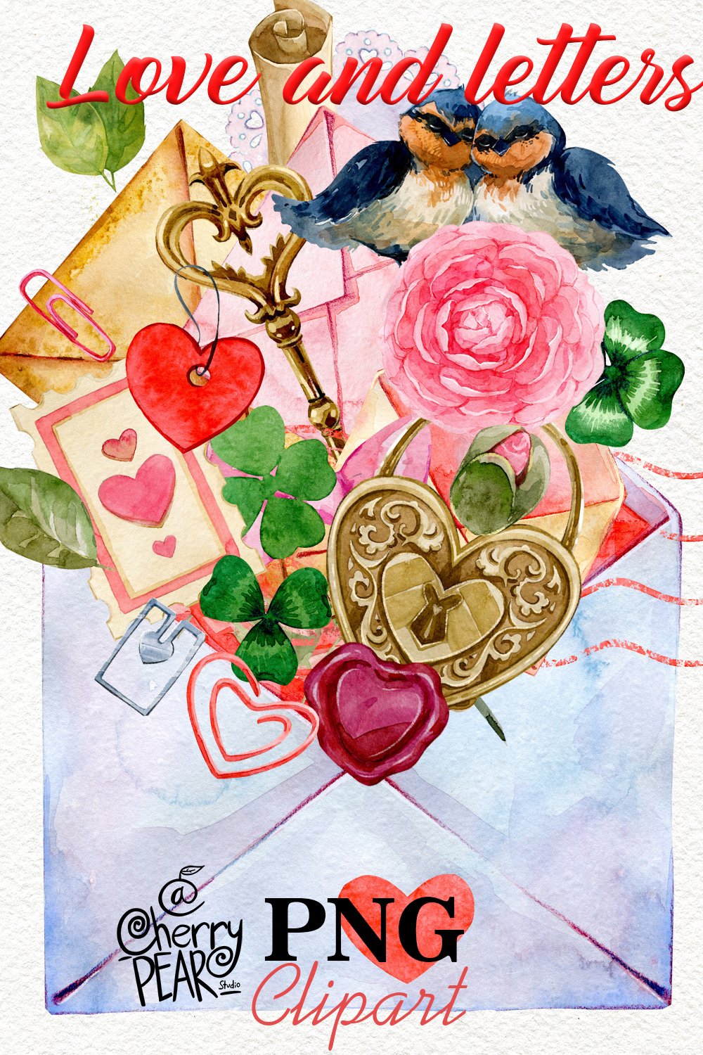 Love envelope elements clipart, Watercolor Valentines Love