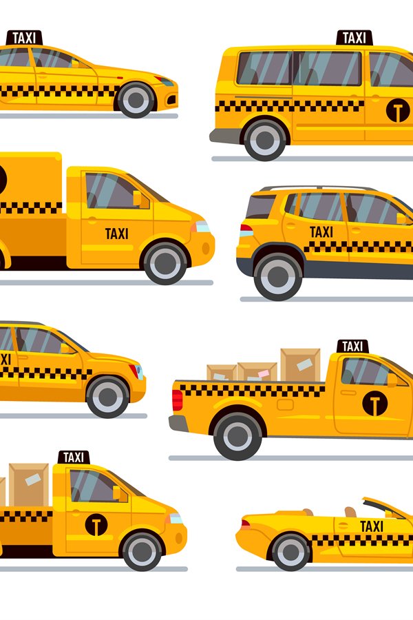 Different taxi types flat vector collection