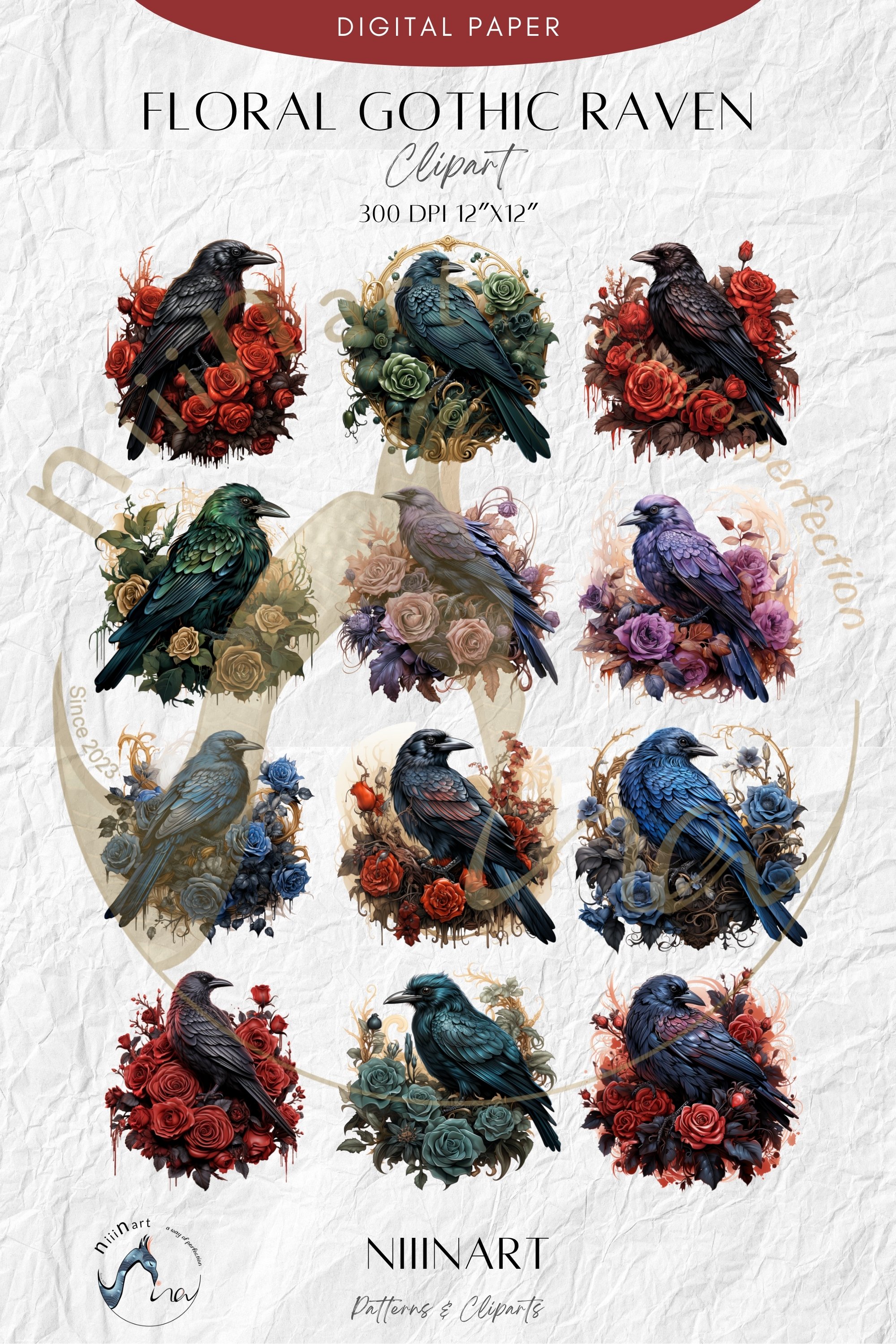 Floral Gothic Raven Clipart, Halloween Ravens, Spooky Ravens
