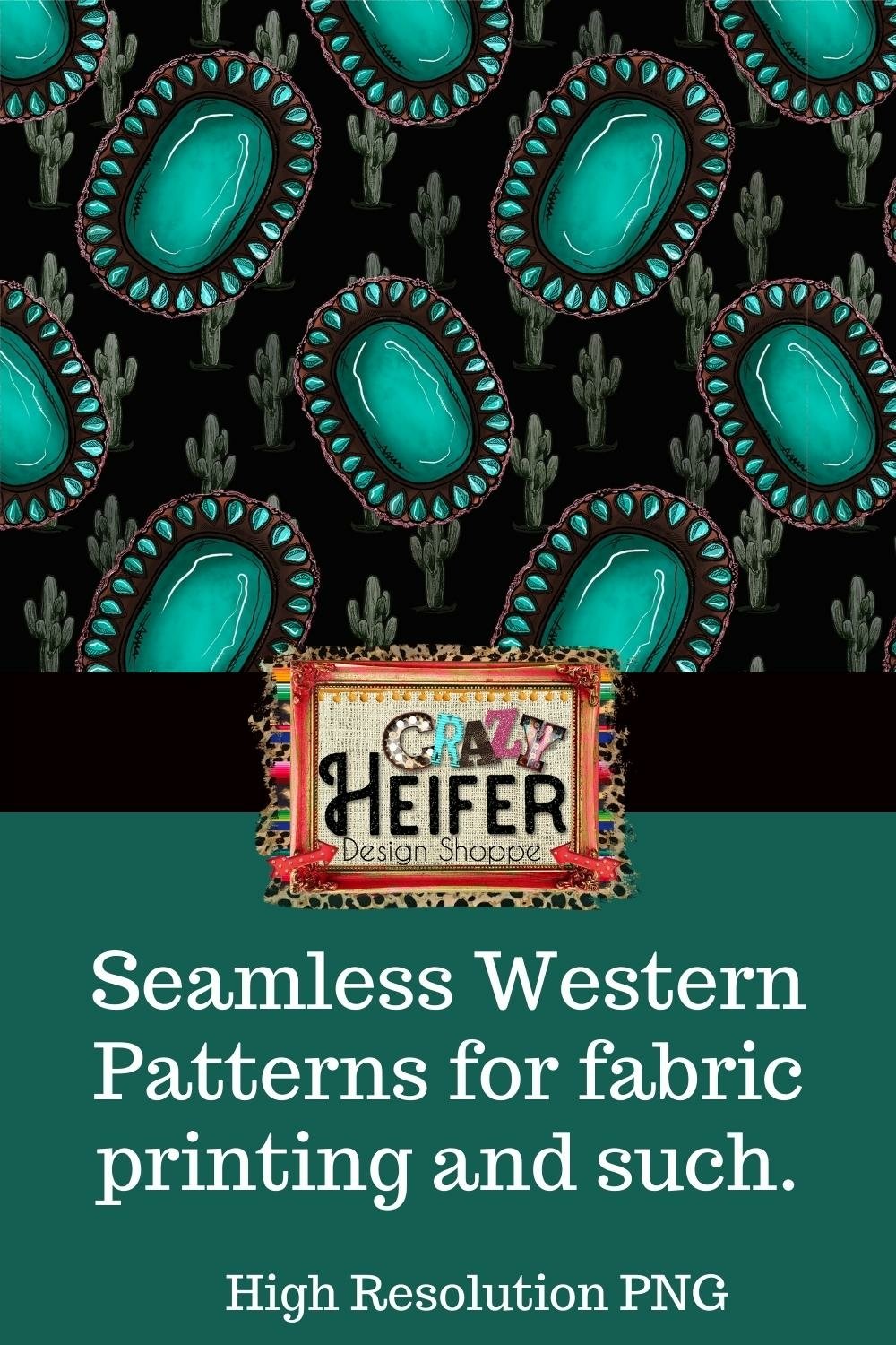 Seamless Pattern Western Black Vintage Cactus and Turquoise