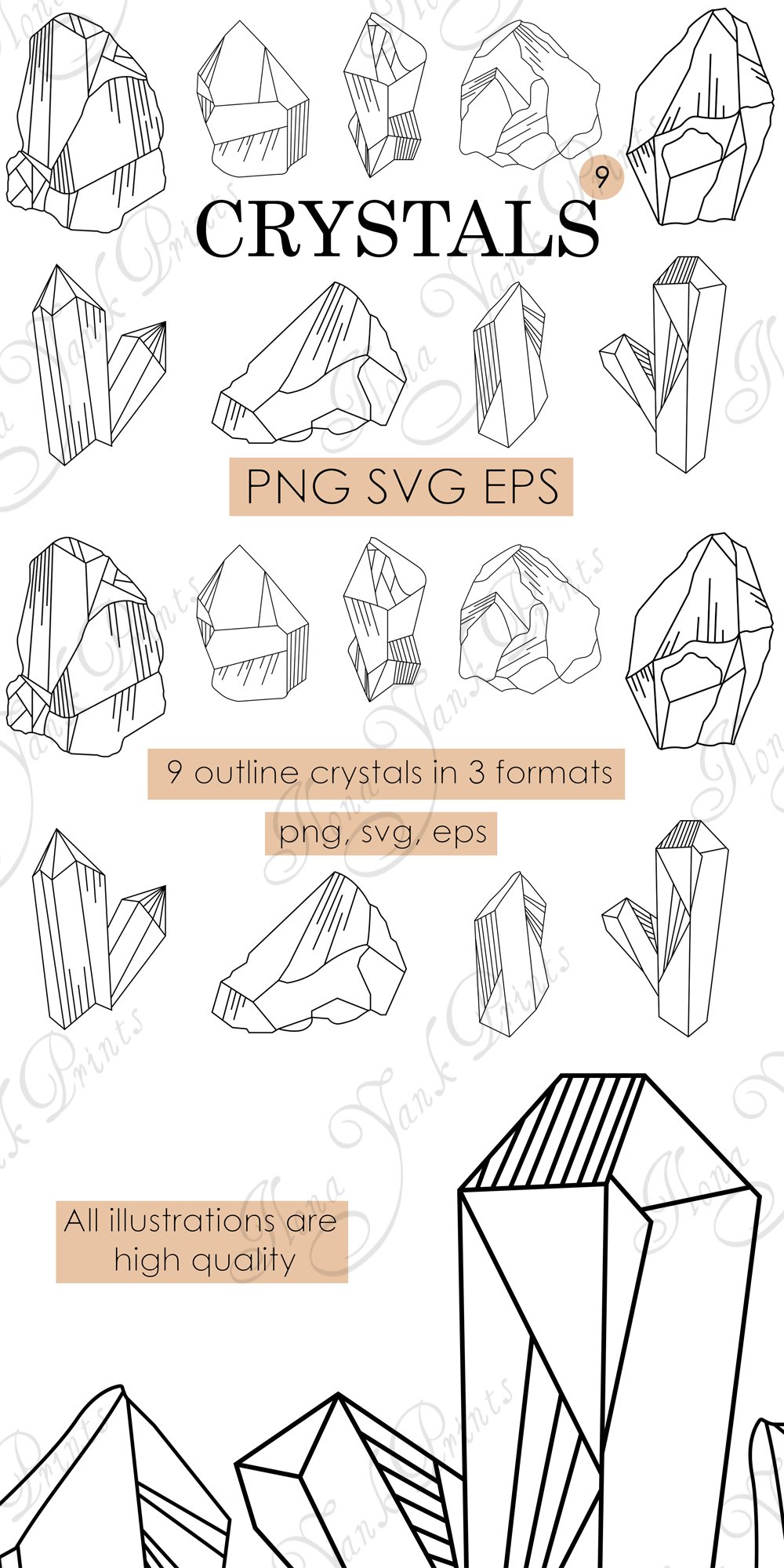 Crystals outline clipart, Black diamonds SVG bundle