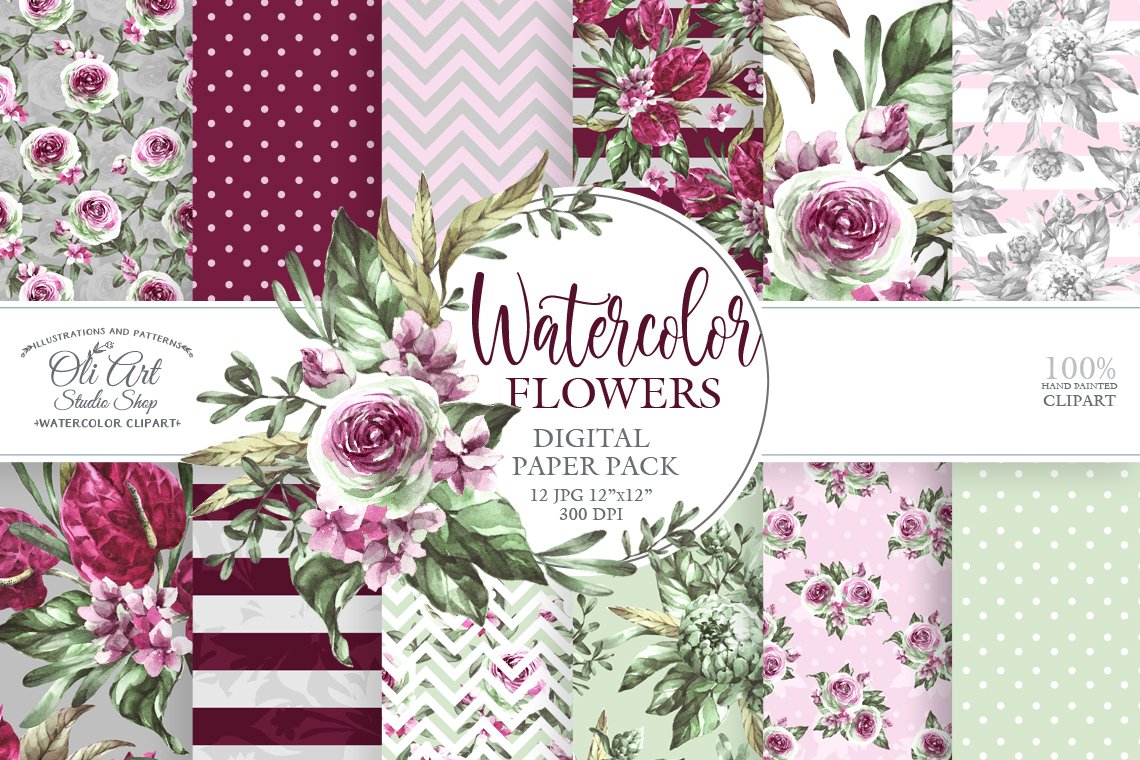 Watercolor Flowers digital paper pack