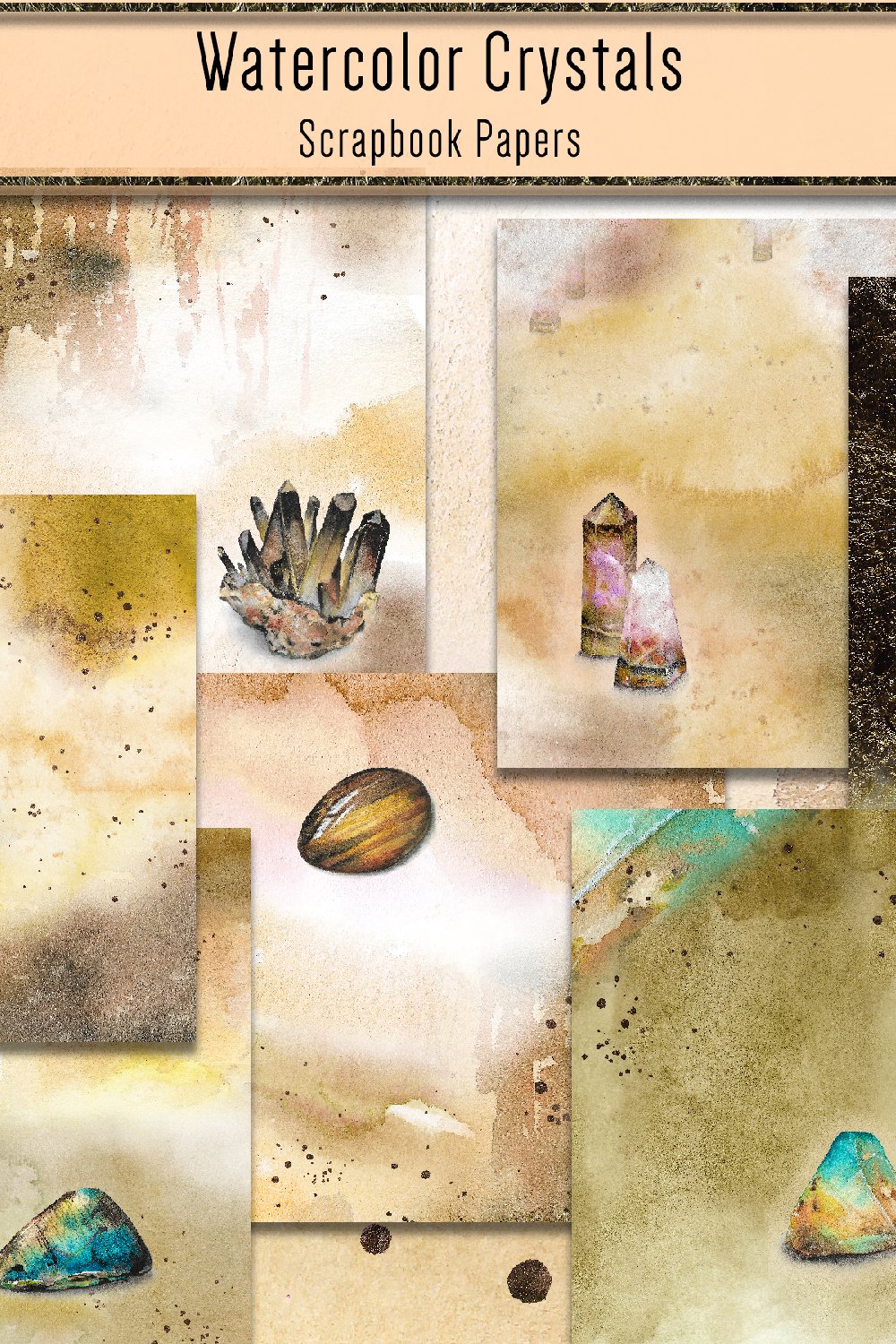 Watercolor Crystals Digital Papers and Background Set