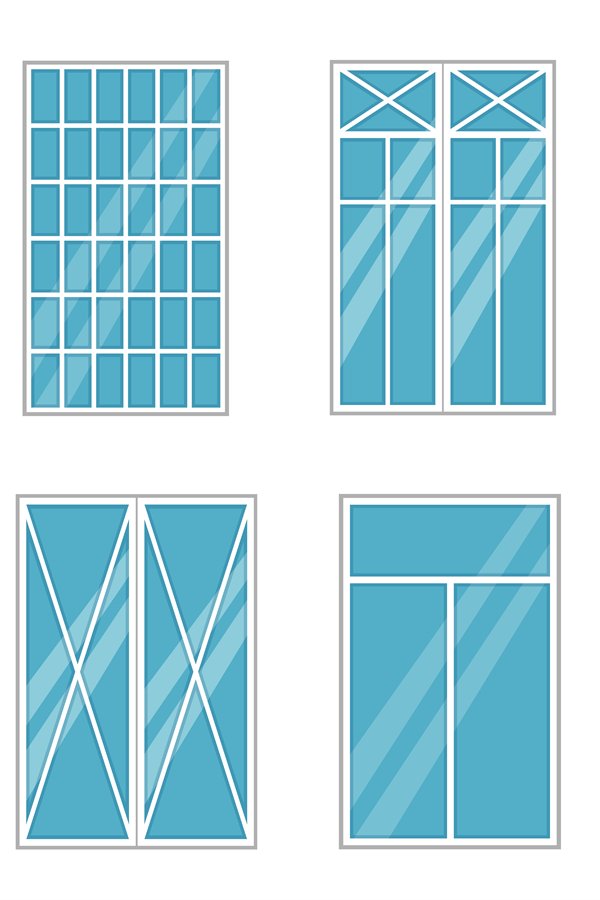 Window exterior. Various glass frame types. Residential buil