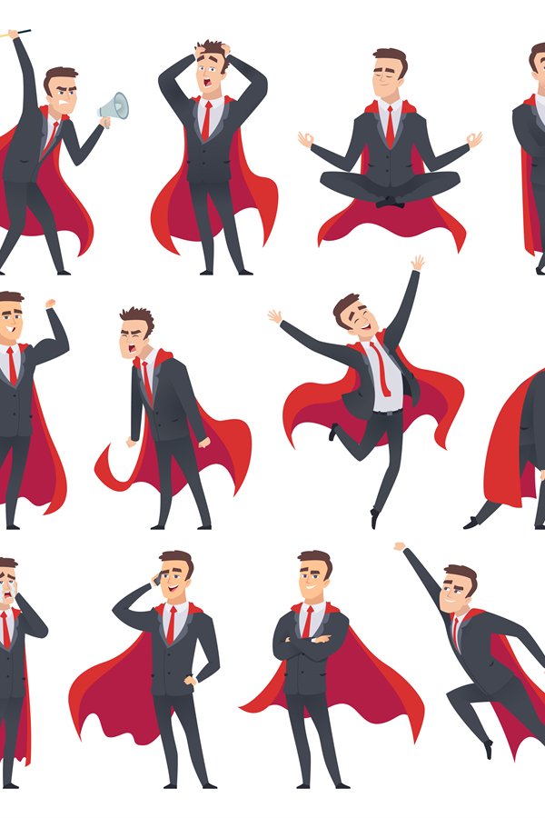 Businessman superheroes. Male characters in action poses of