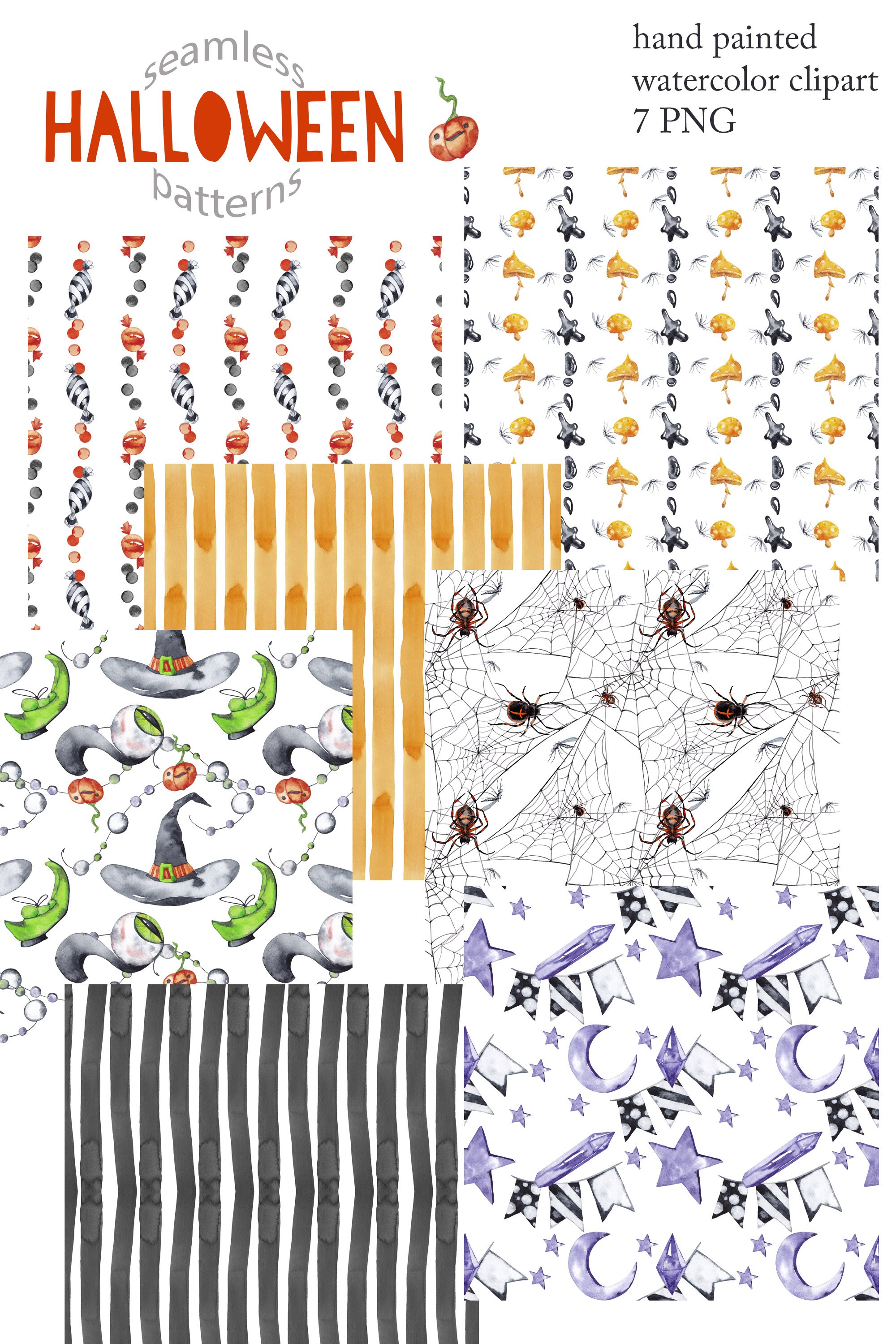 Halloween seamless patterns Watercolor 7 PNG textures
