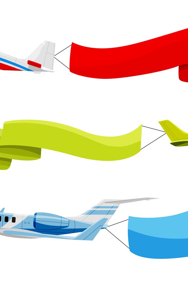 Attached banners to flying airplanes. Vector illustration in