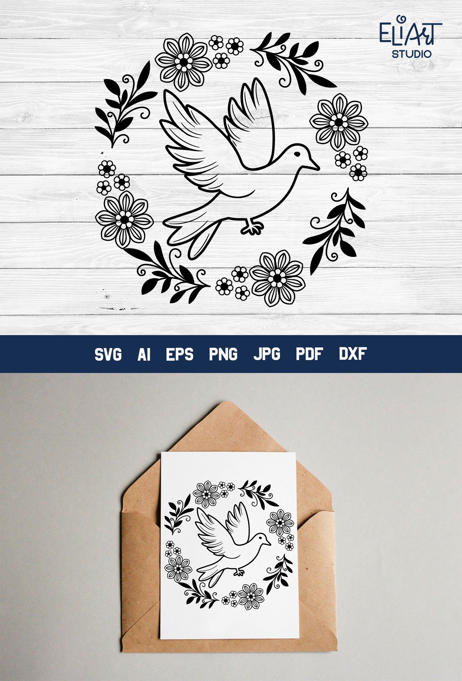 Dove SVG Design | Pigeon PNG Floral Illustration