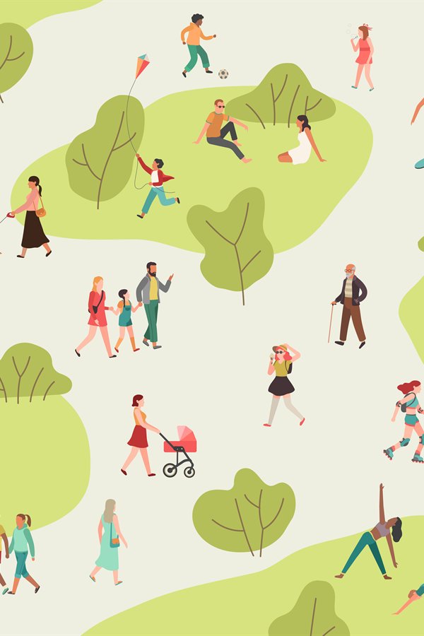 People park. Active walk outdoors woman man girl children pi
