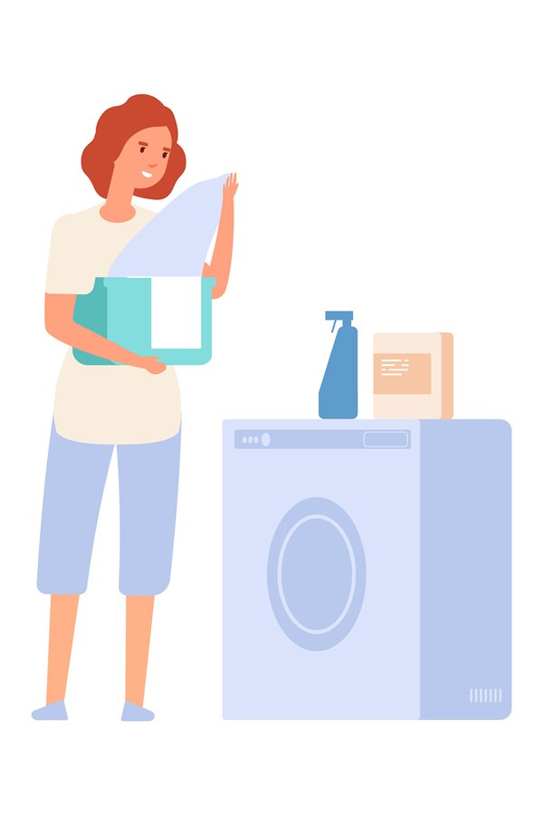 Woman and washing machine. Laundry service, girl with cloths