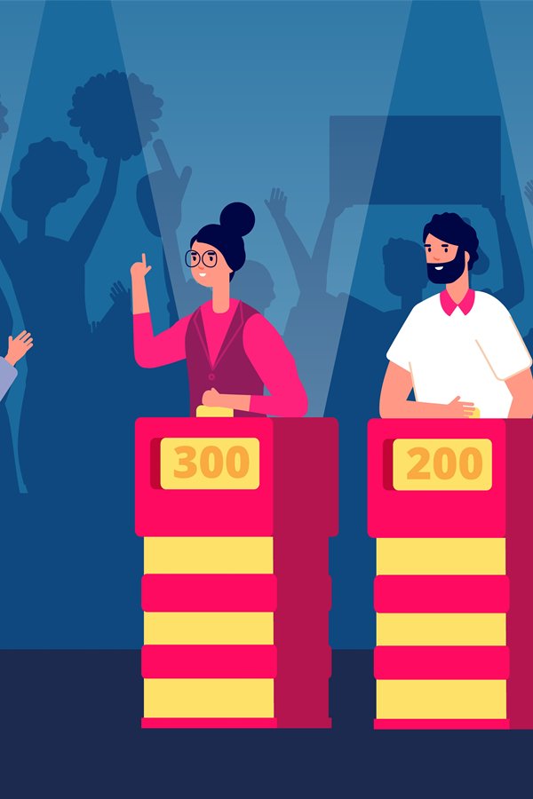 Quiz show. Trivia game, show man and tv gaming participant.