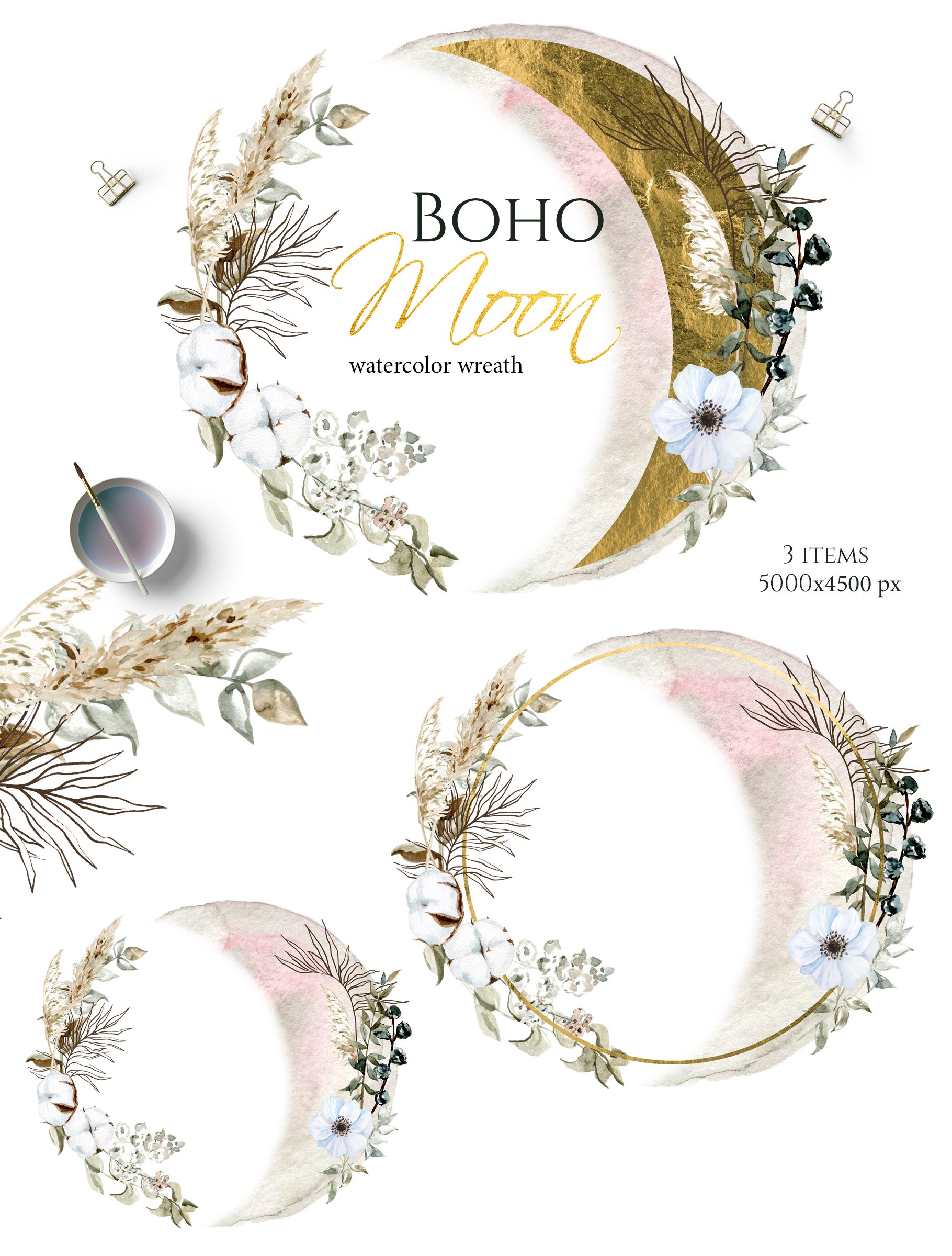 Boho Round Floral Frame with Blue Moon