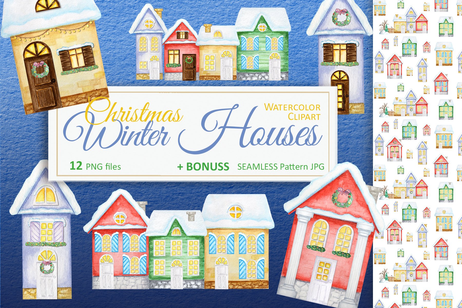 Watercolor Christmas Winter Houses Clipart, Kids pattern