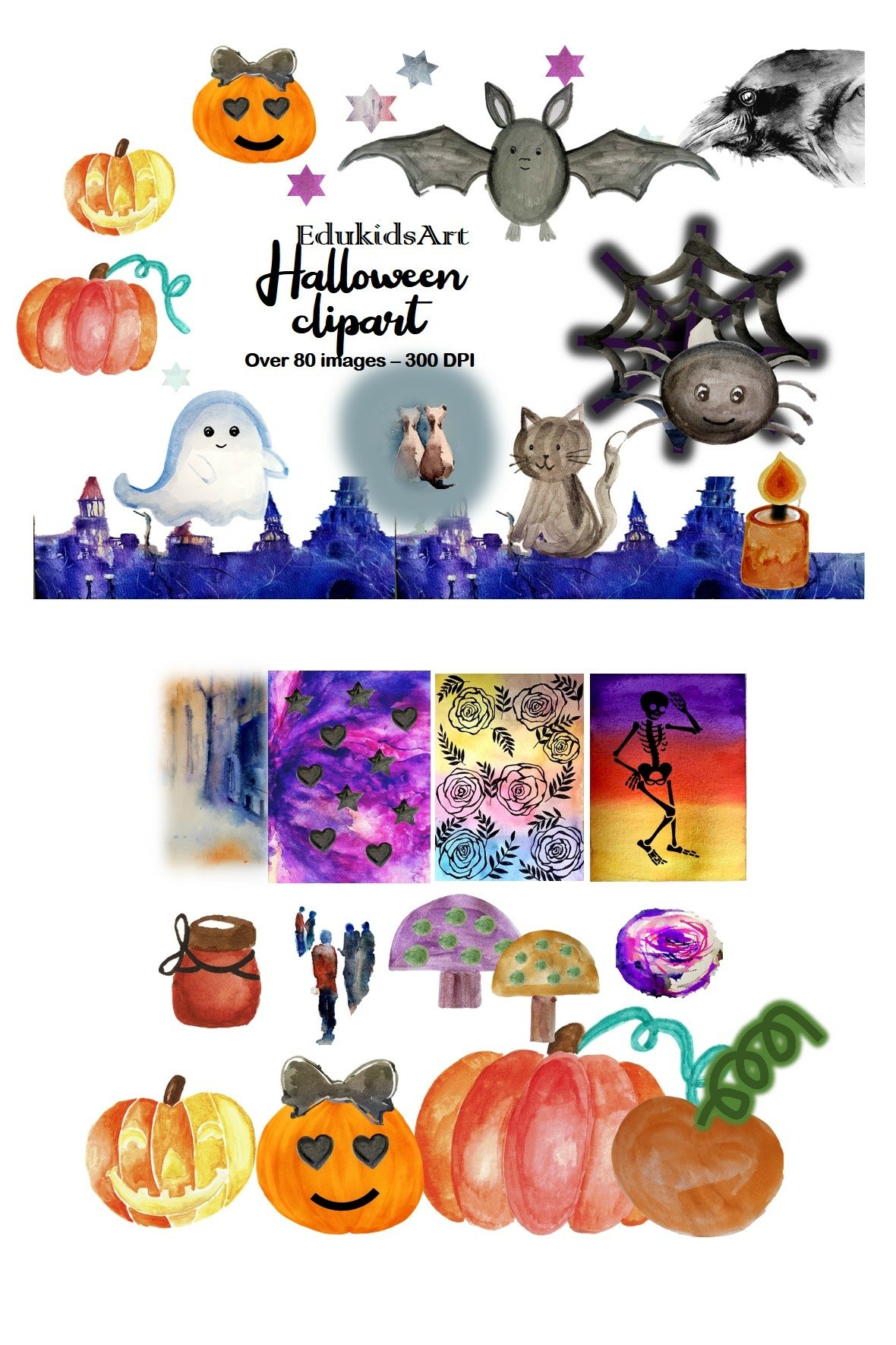 watercolour cute halloween clipart and digital paper