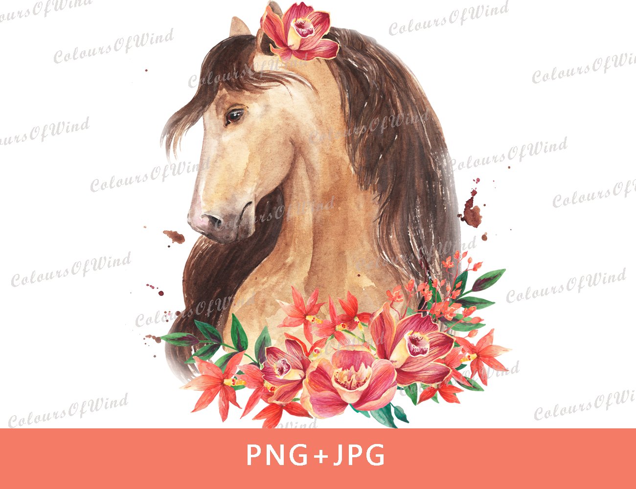 Watercolor horse head with flowers sublimation download PNG