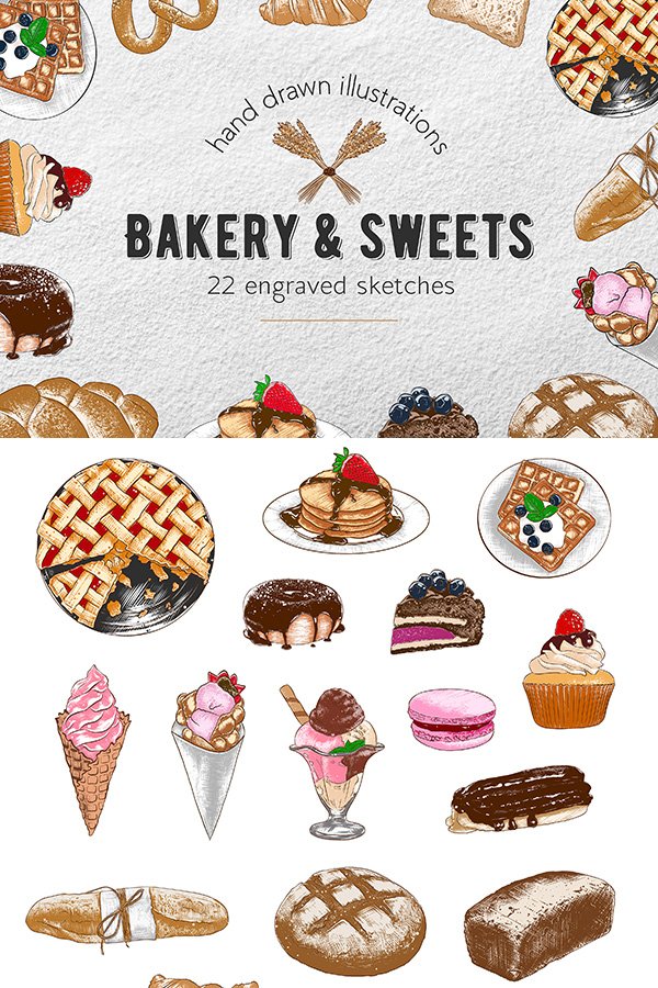 Bakery and sweets colorful sketches