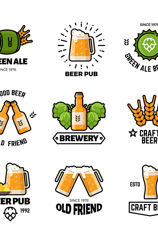 Beer pub vector logos and emblems. Brewery and brewing busin