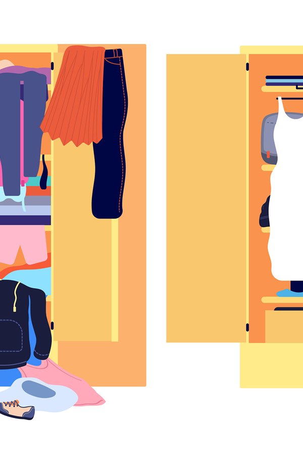 Wardrobe mess. Messy cloth, before after home clothes organi