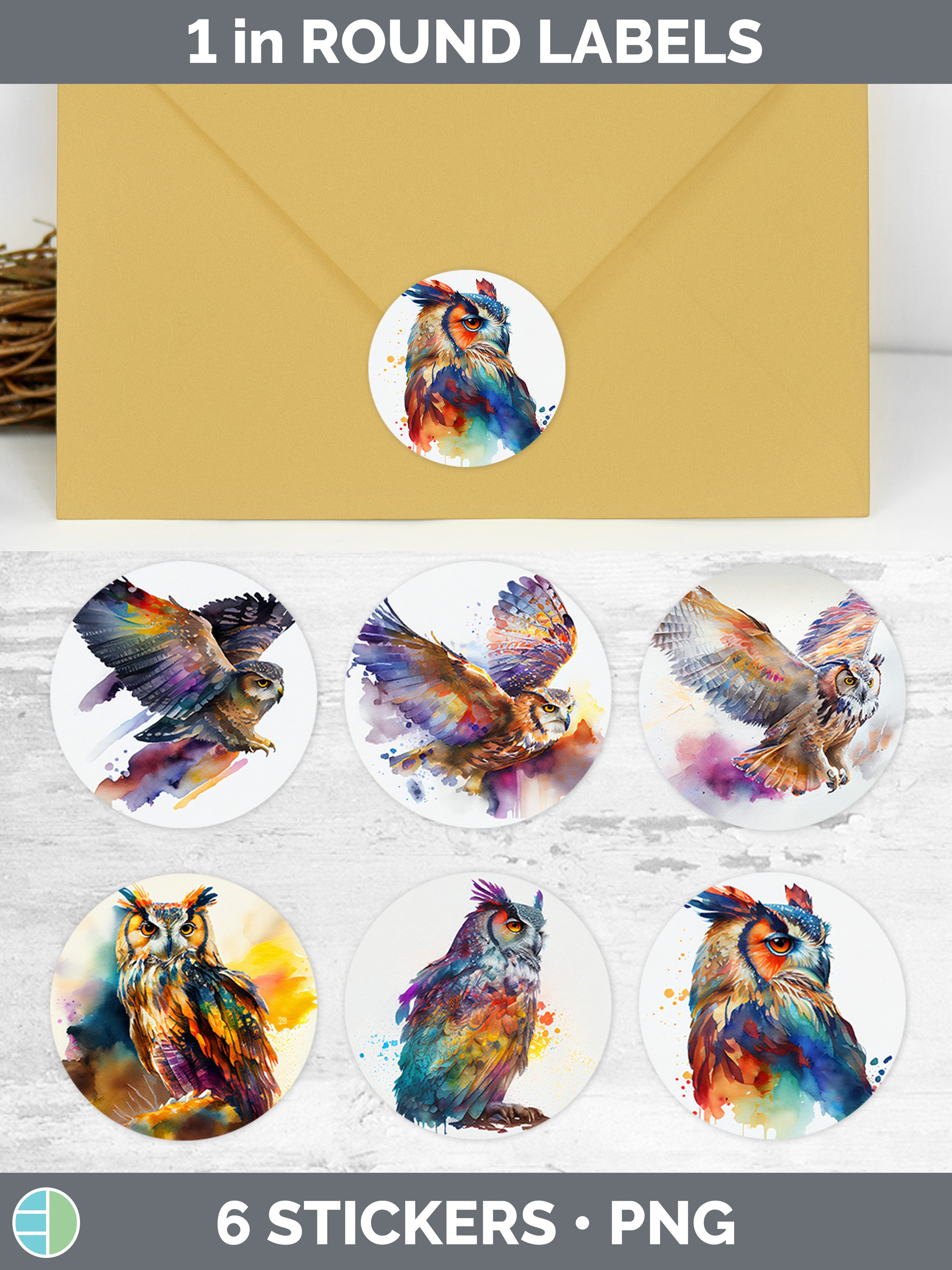 Rainbow Eagle Owl Stickers | Round Labels Designs Bundle