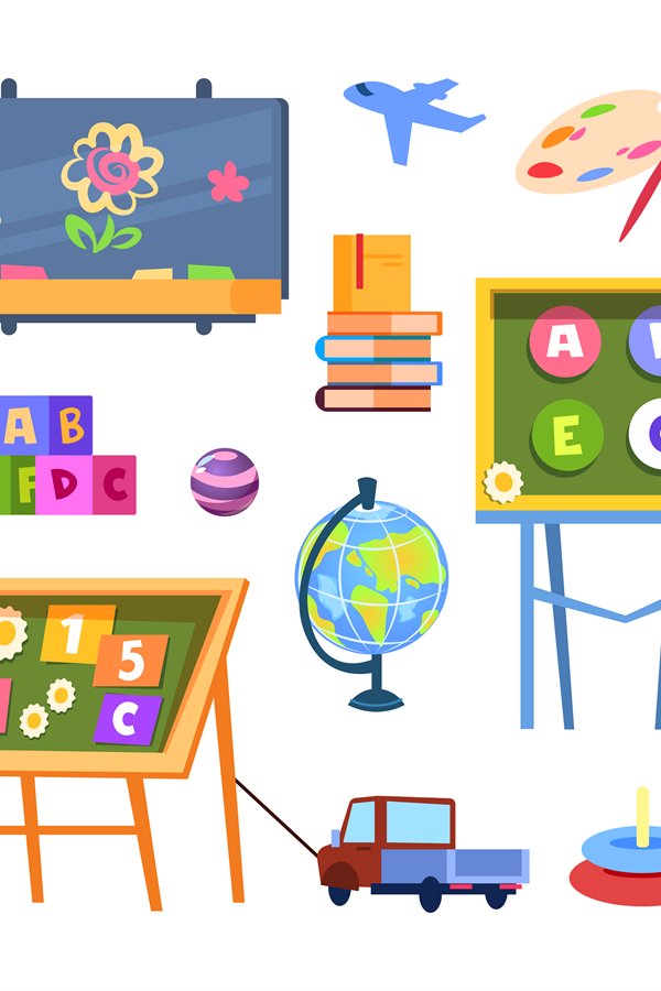Kids toys and desks vector isolated on white background