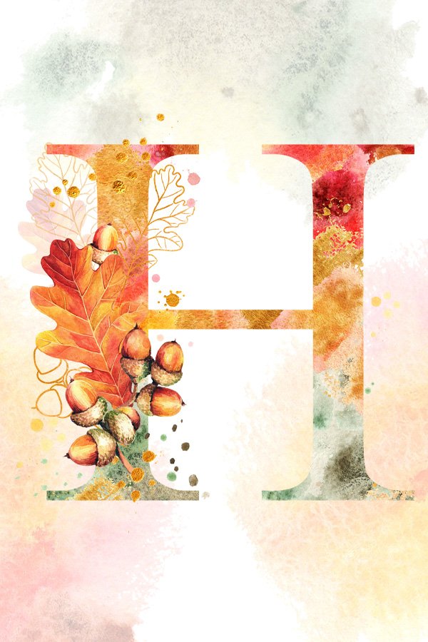 Fall Watercolor Letter, Monogram H clipart JPG PNG