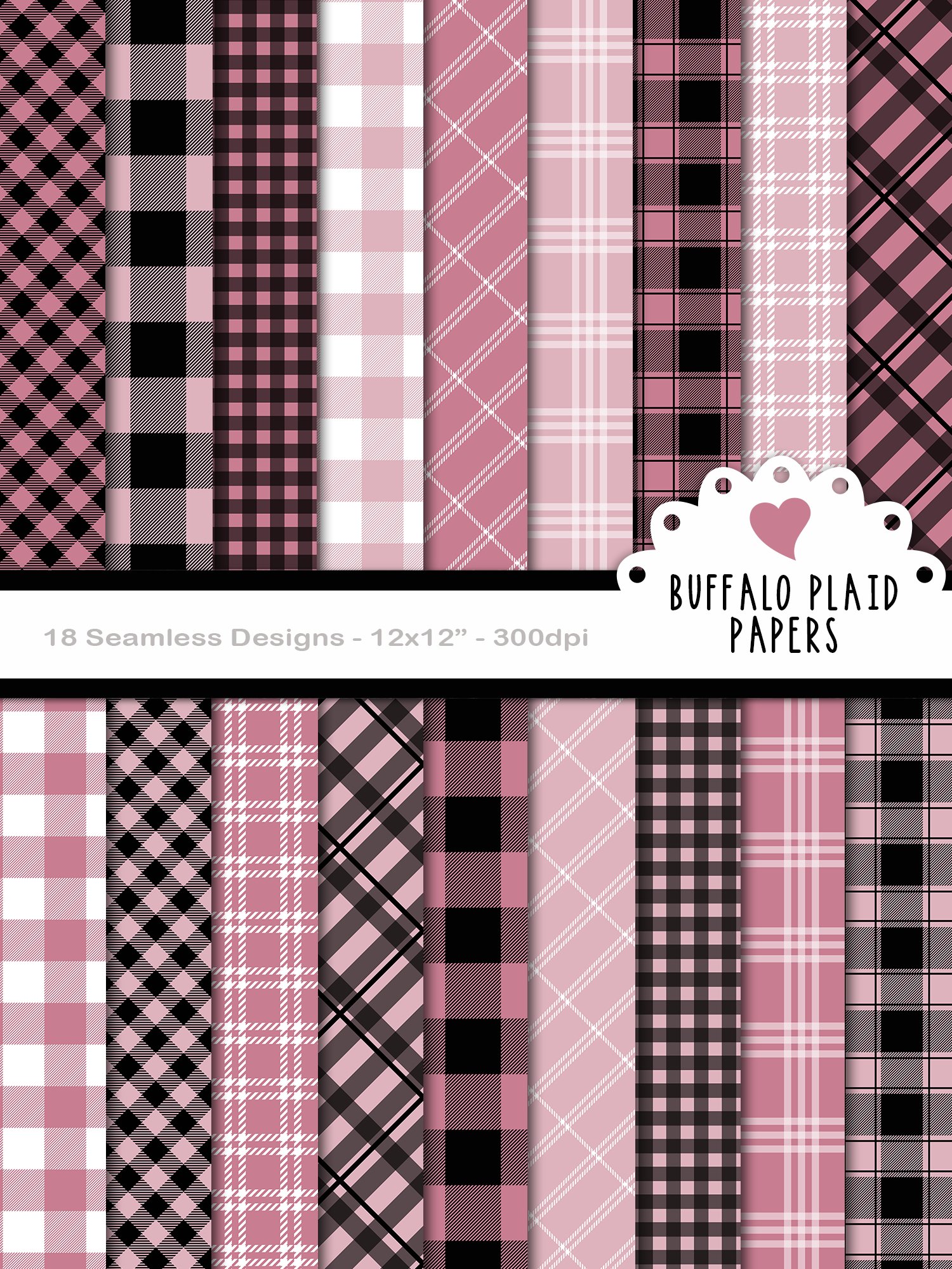 Pink and black buffalo plaid seamless backgrounds
