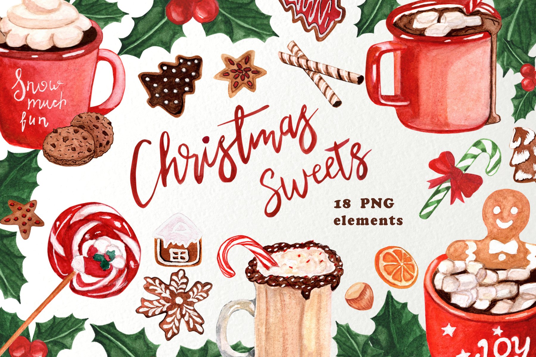 Christmas sweets clipart watercolor, Hot chocolate (1100690)