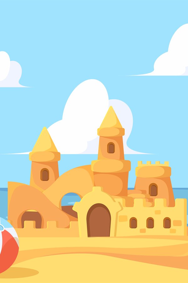 Sandcastle on seaside. Beautiful summer building from sand n