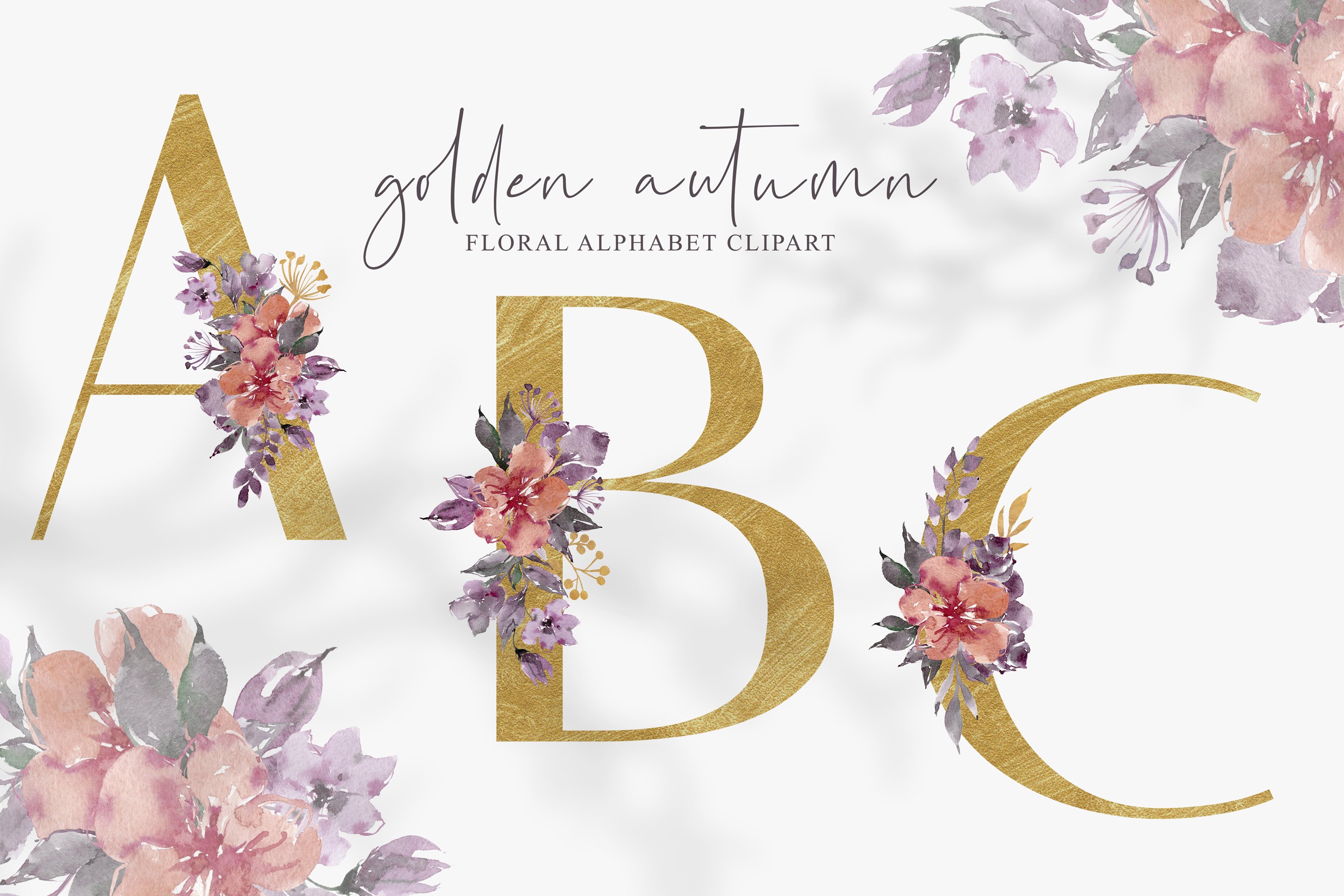 Metallic gold Alphabet clipart with autumn bouquets decor
