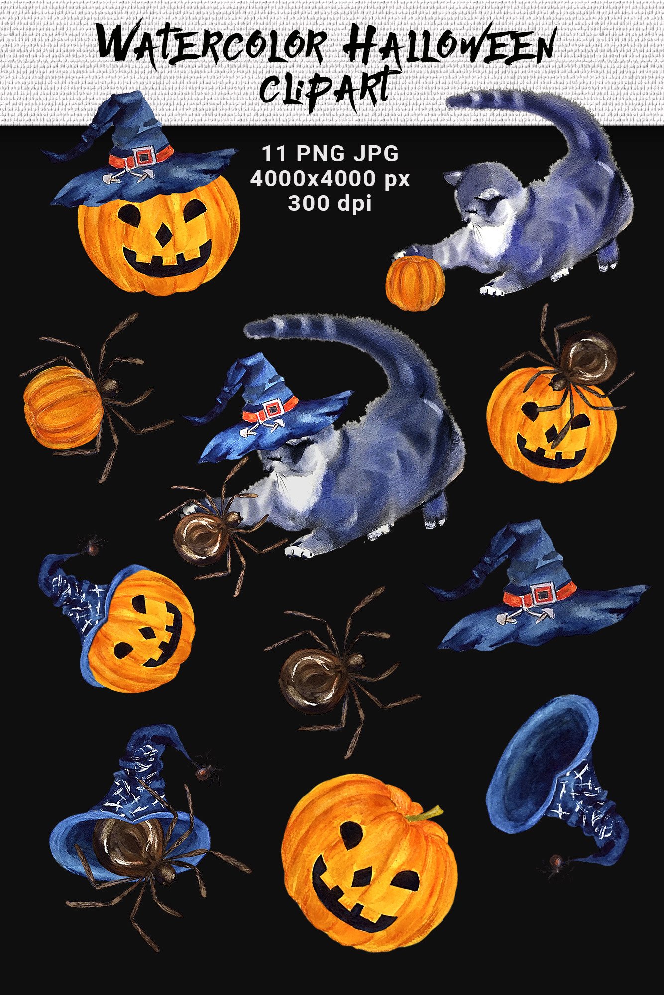 Watercolor Halloween Clipart. Pumpkin, Spider, Cat, Hat PNG
