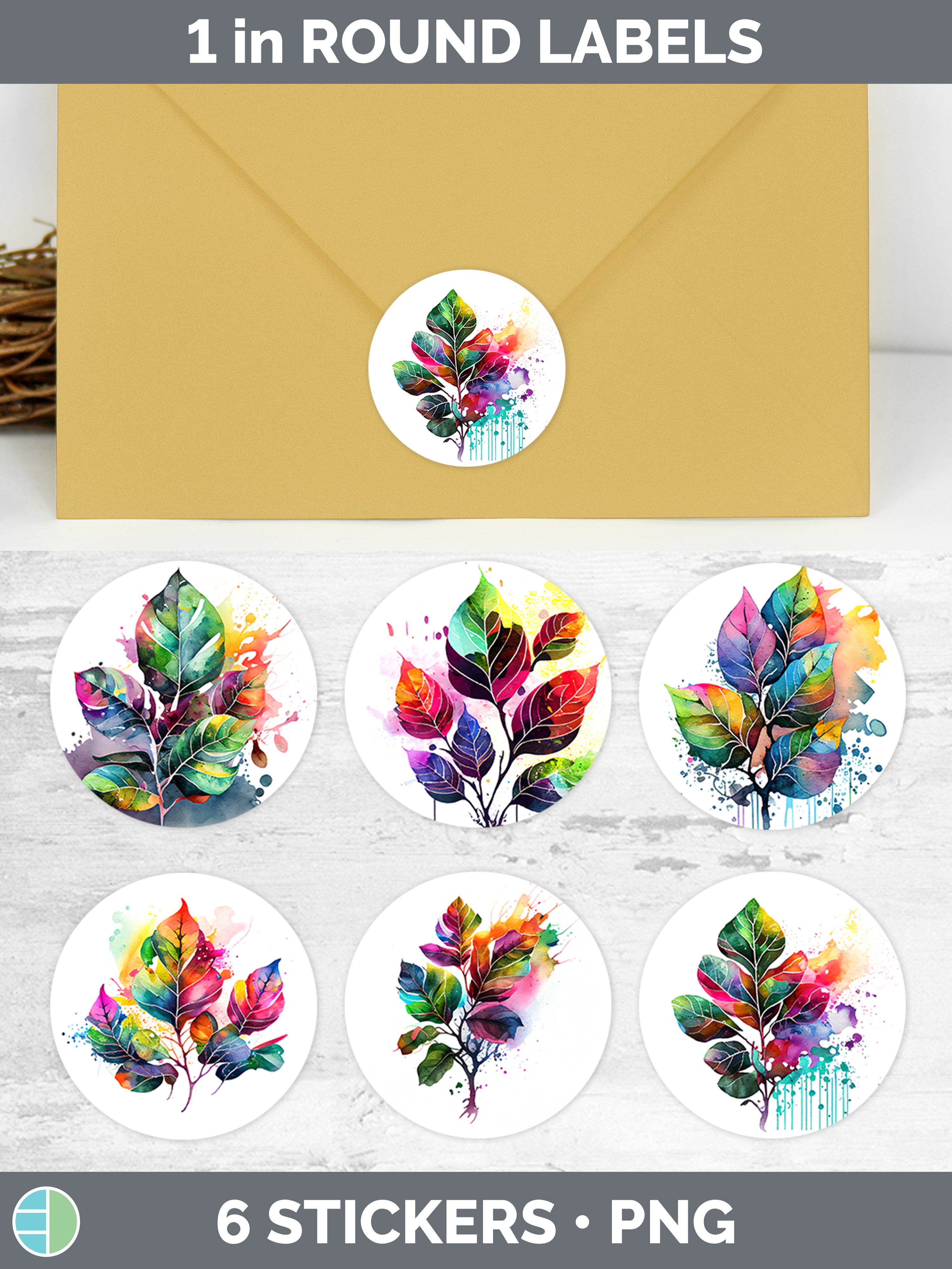 Rainbow Fig Leaves Stickers | Round Labels Designs Bundle