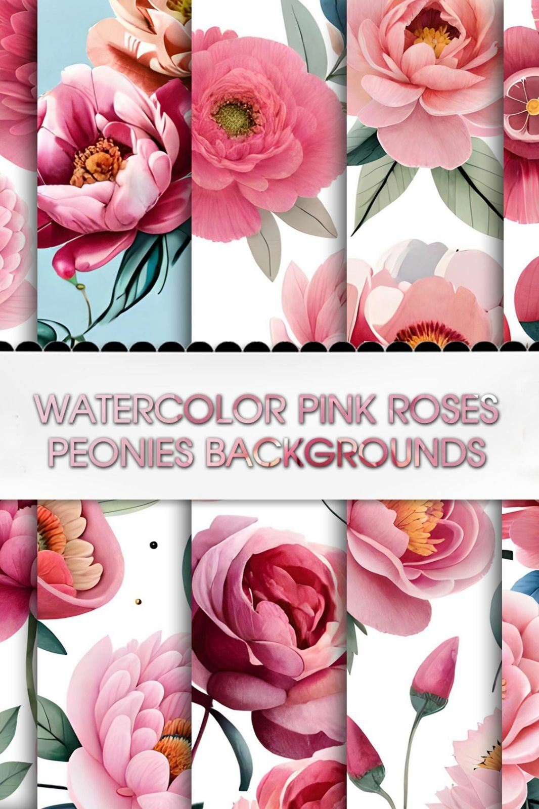 Watercolor pink roses peonies seamless background
