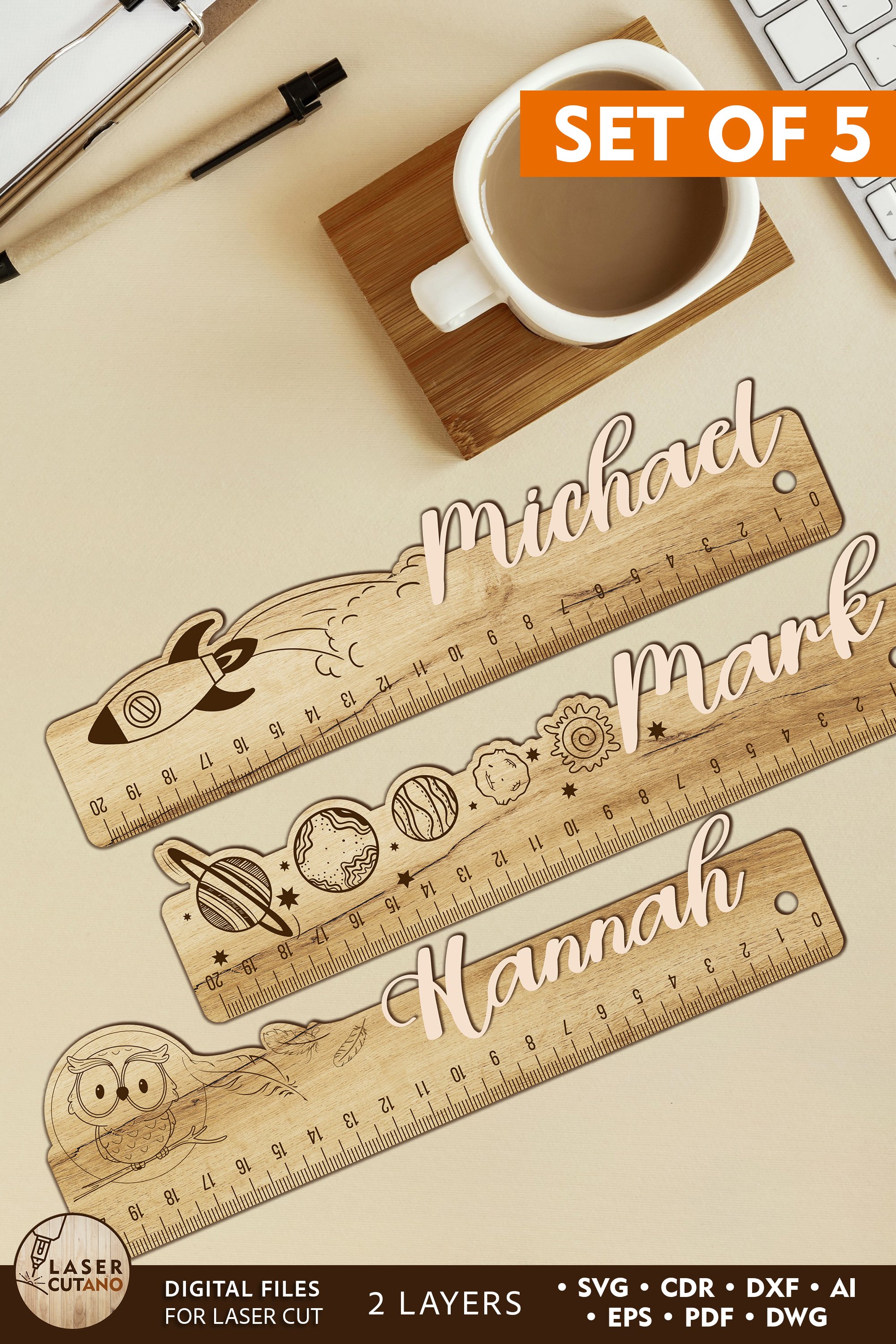 RULER Bundle With Name, Wooden School Education Tools