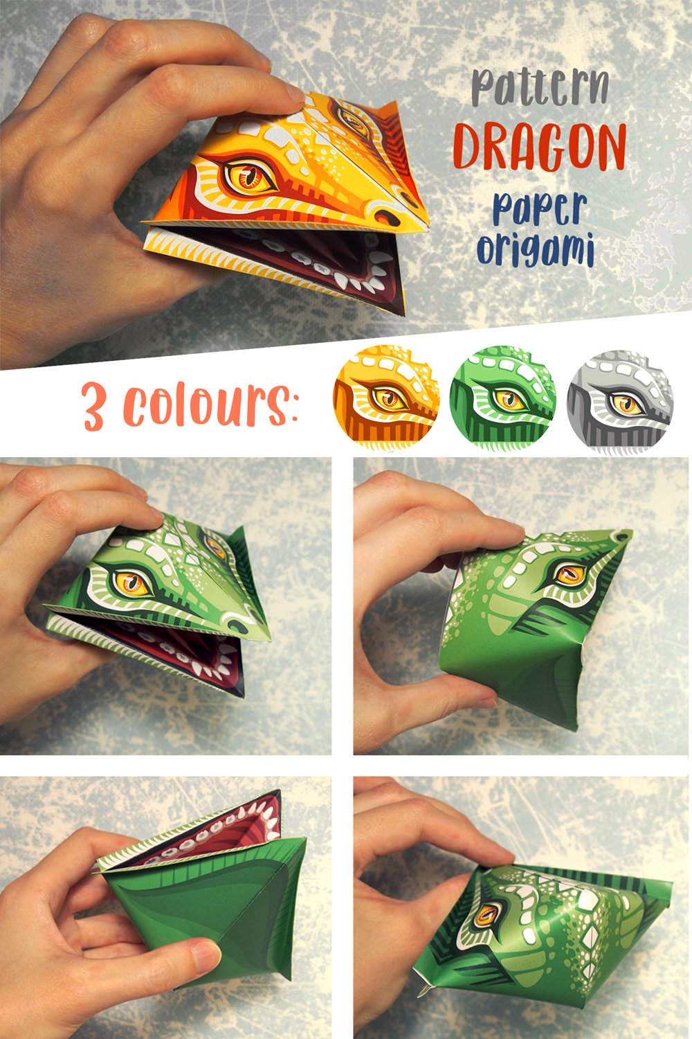 Paper dragon origami template. Printable paper toy,