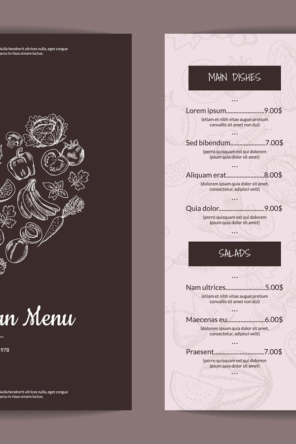 Vector handdrawn heart shaped fruits and vegetables menu tem