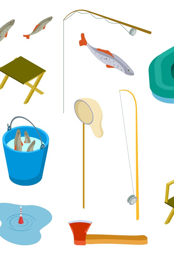 Fisherman isometric. Fishing tools vector set. Rubber boat,