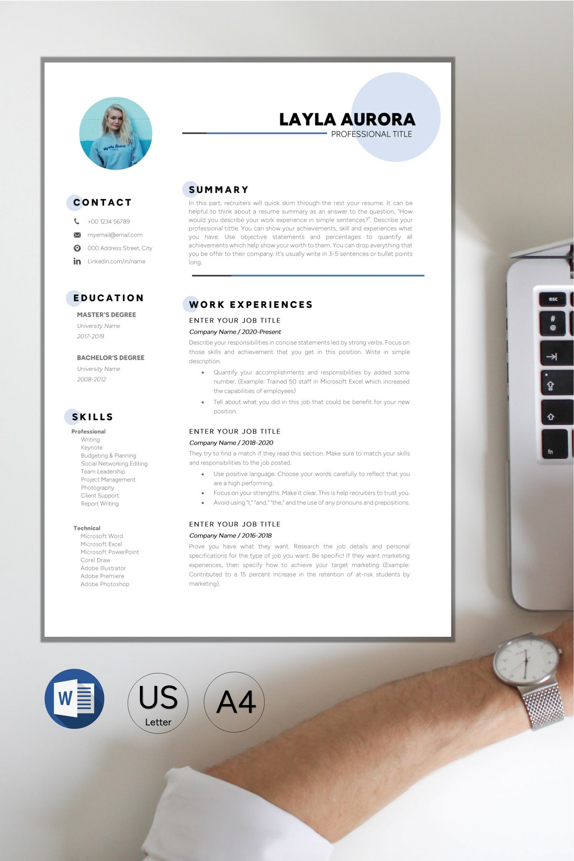 Blue resume template word, cv template, professional resume