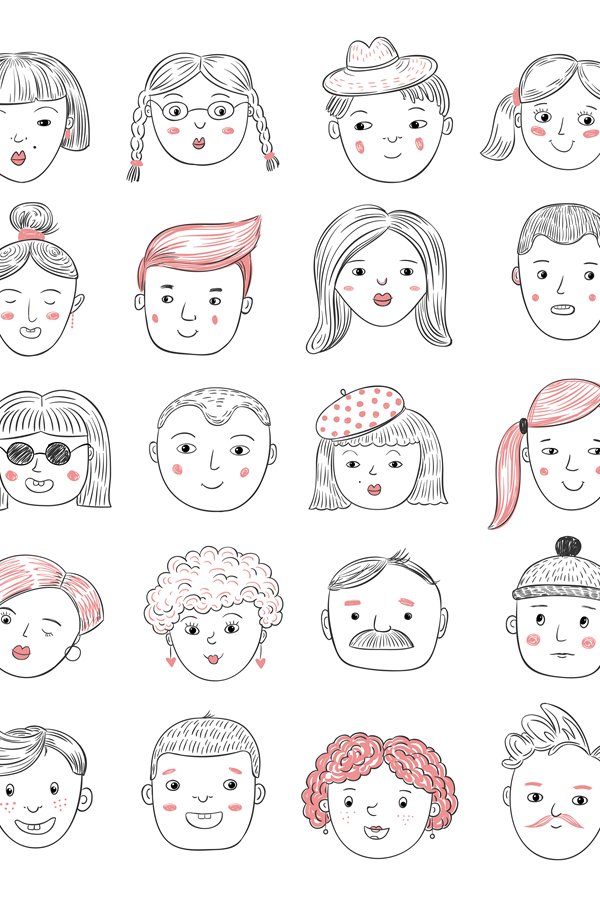 Sketch people avatars. Female and male portraits, human face