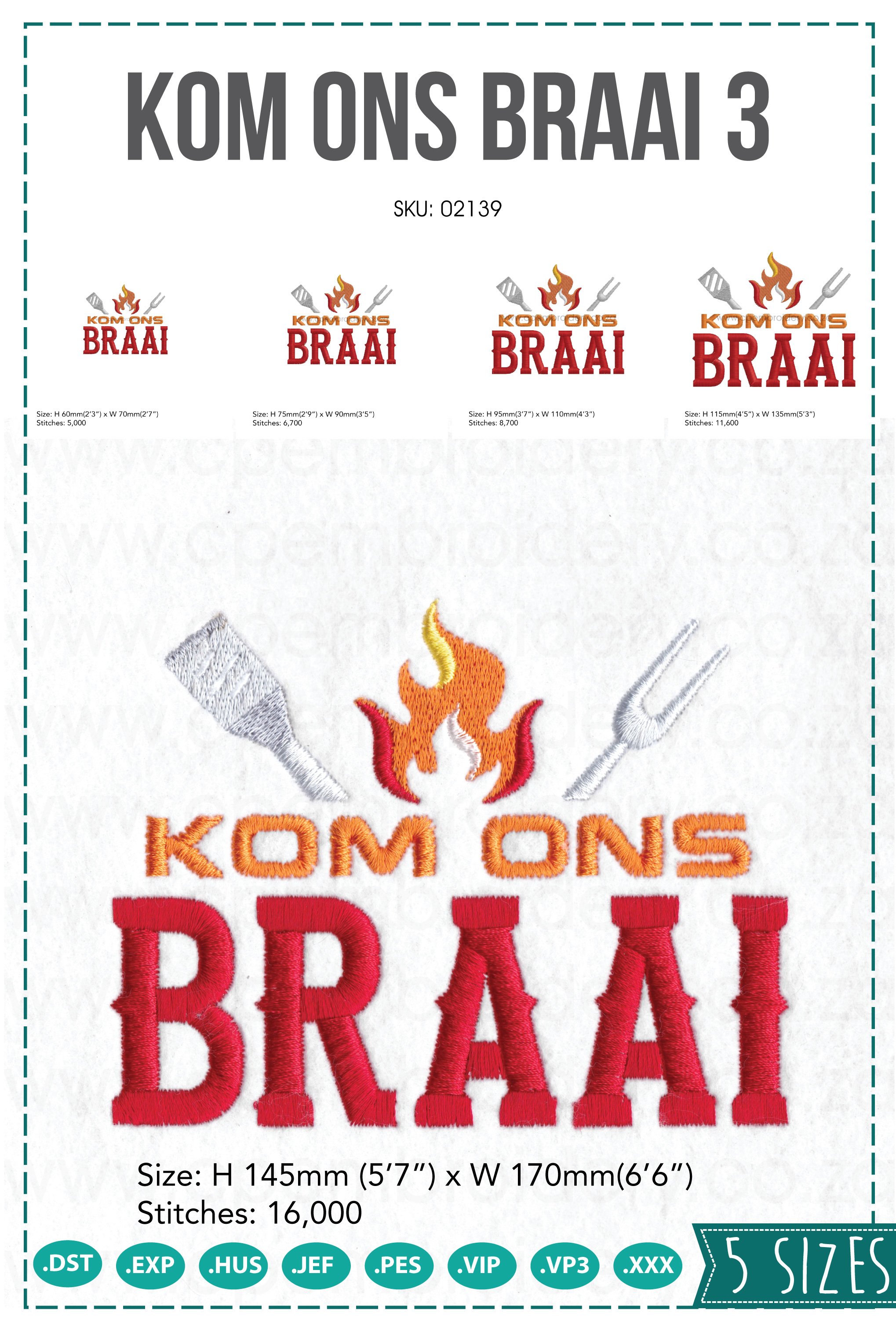 Kom Ons Braai Flamed Accessories Embroidery Design