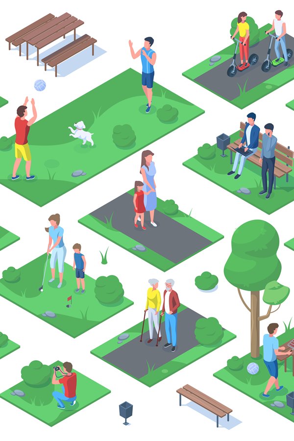 Isometric people walking, jogging, sitting on bench in city