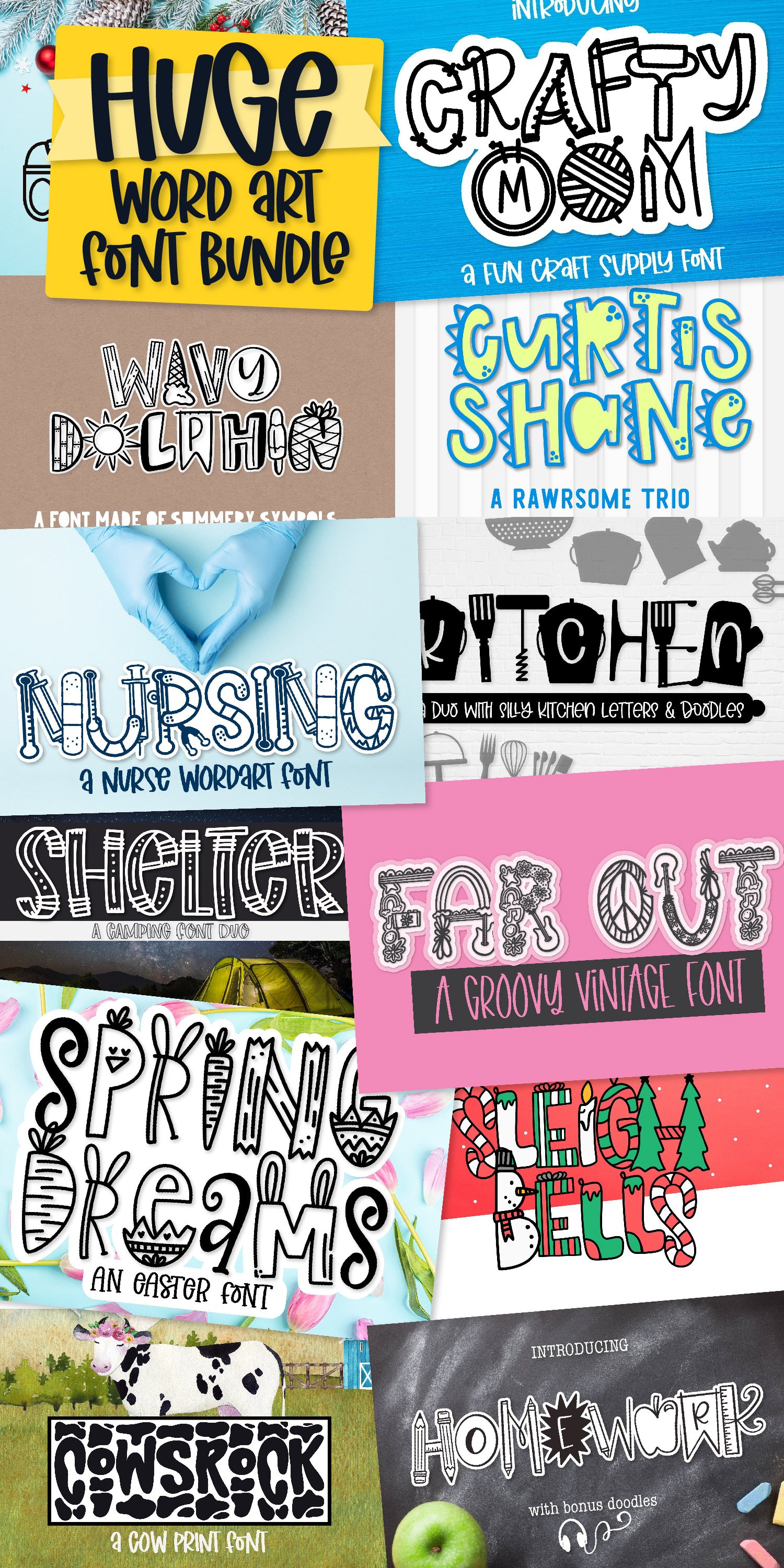 Huge Word Art Font Bundle - 29 Fonts from 20 (1915512)