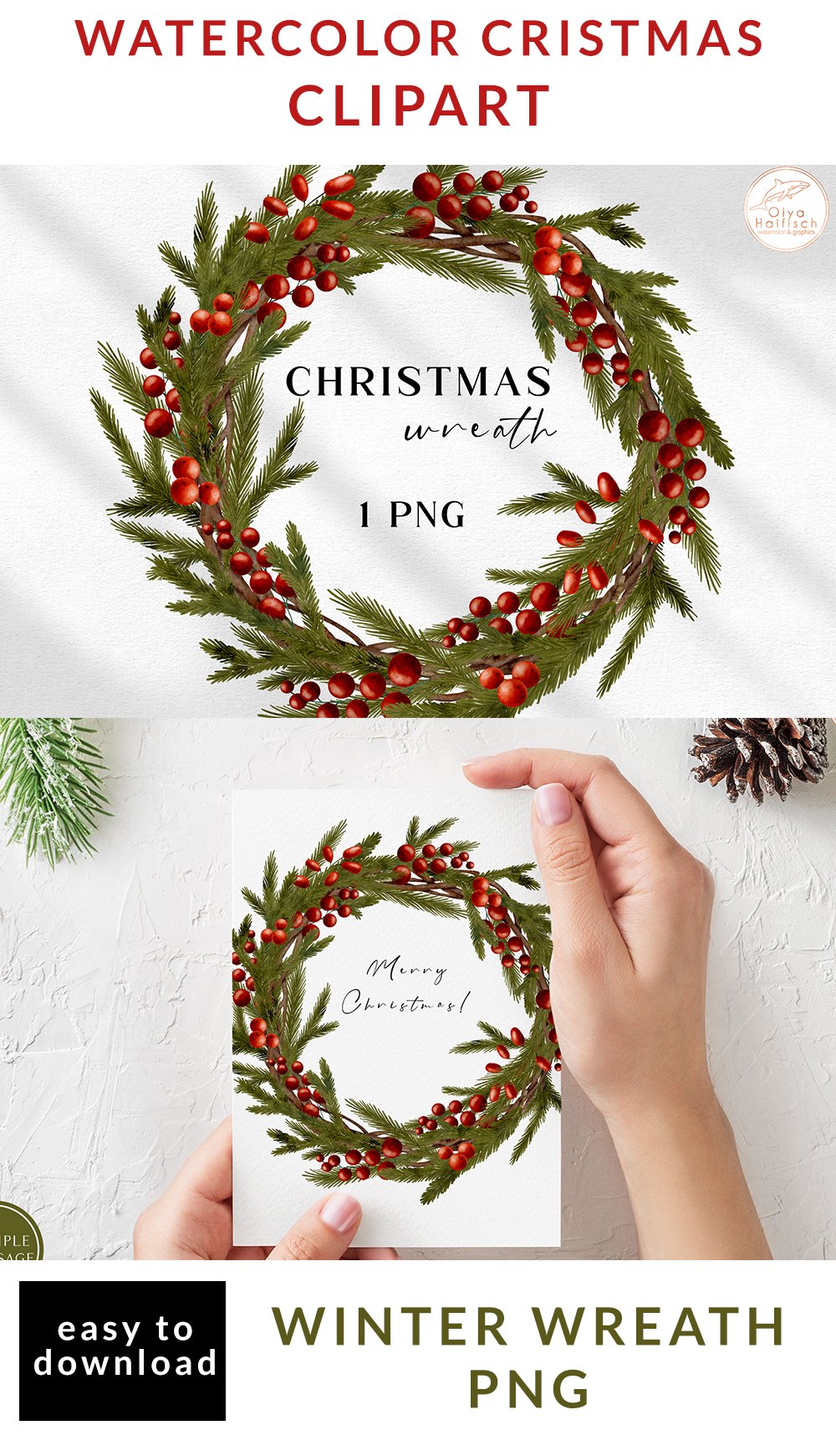 Watercolor Christmas Wreath Clipart