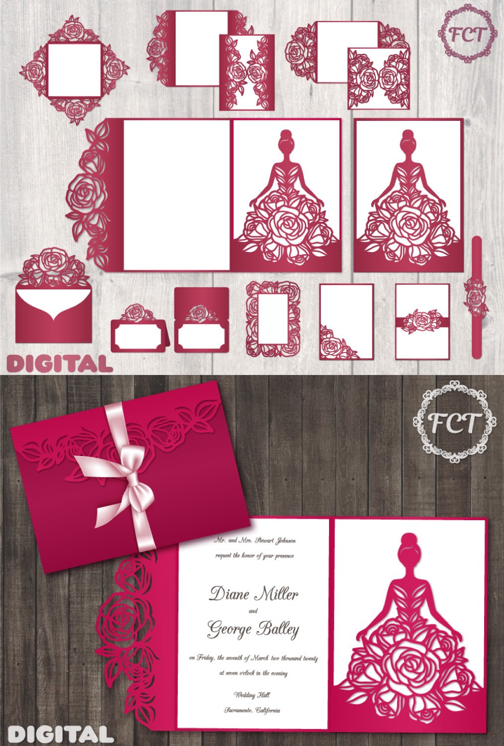 Princess with Roses Wedding Invitation SVG 10 template set