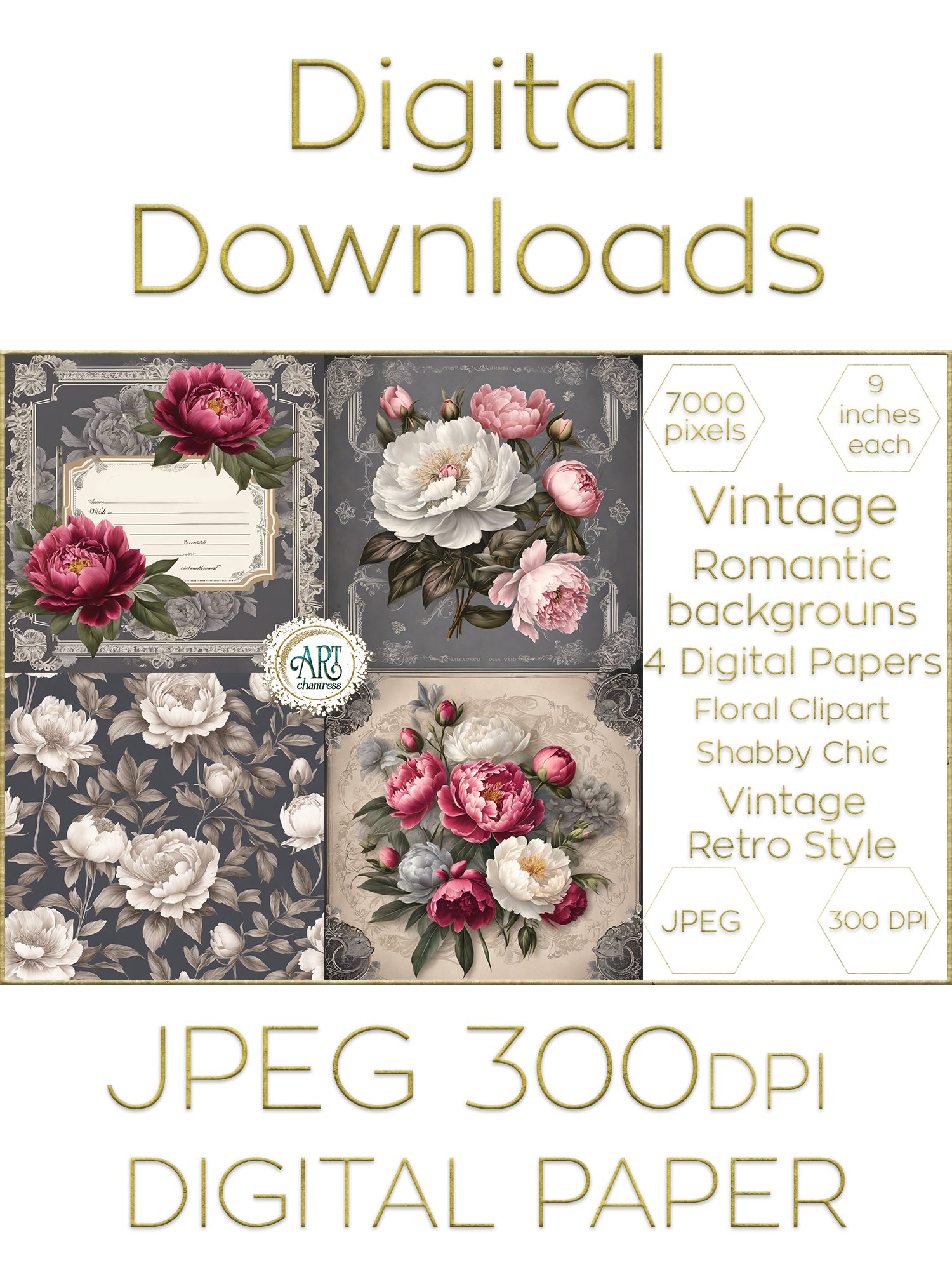 Vintage Floral Pink Red Grey Romantic Retro (4005203)