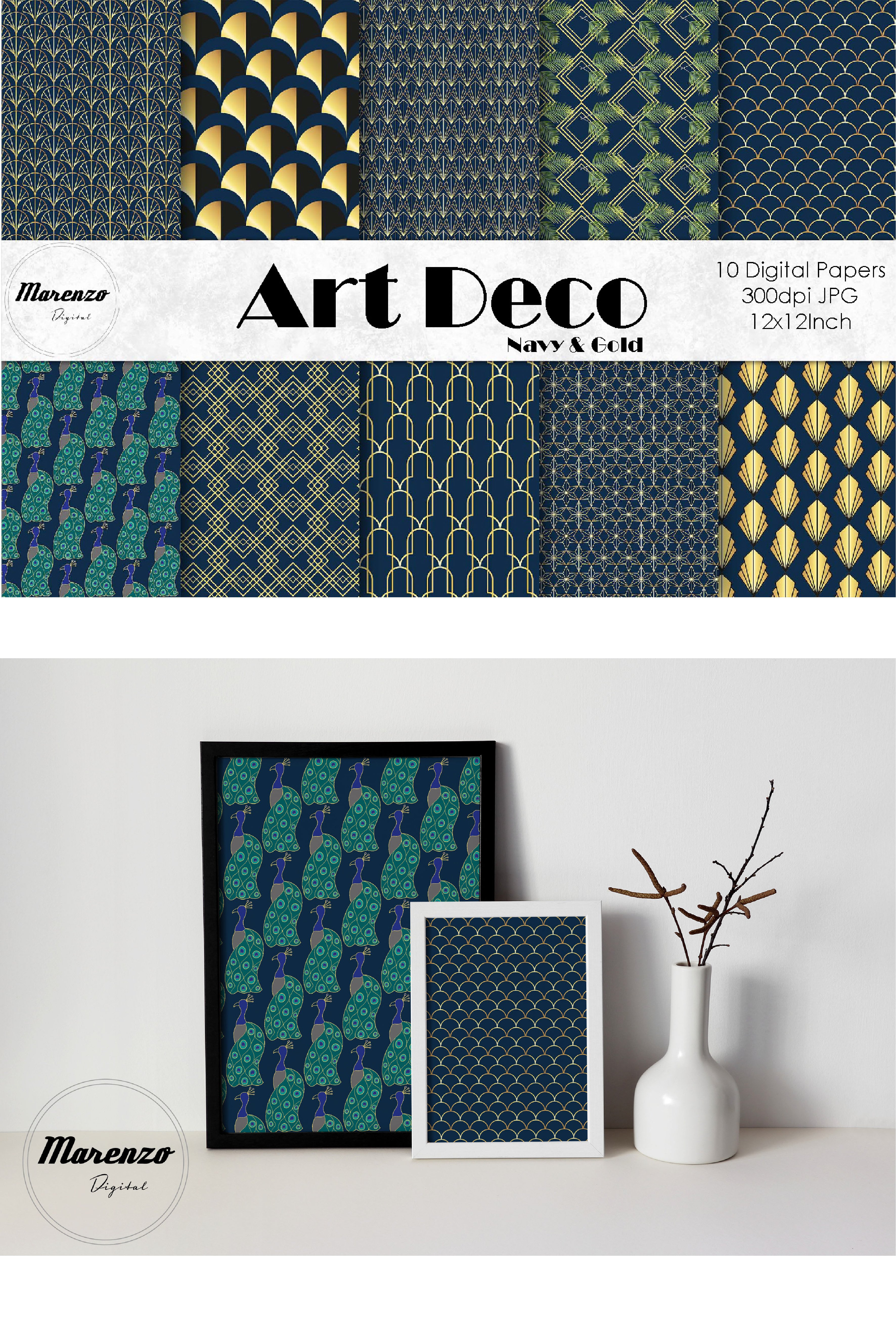 Art Deco Digital Papers - Navy and Gold x 10