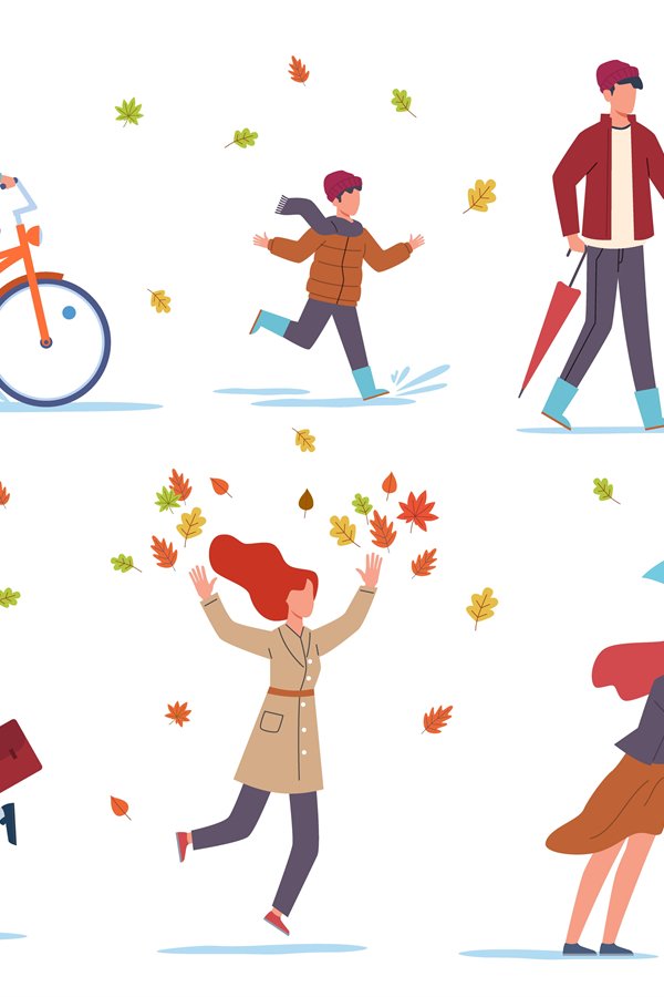 People in autumn park. Characters in fall season walking, ri