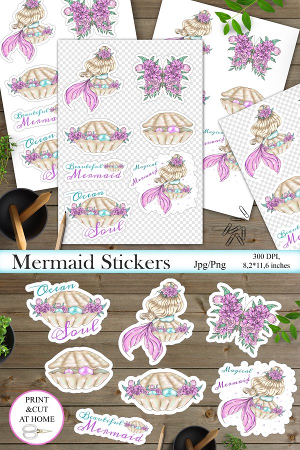 Summer Mermaid Characters Printable Stickers Bundle png